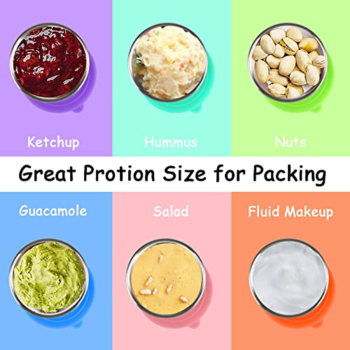 EFOBO 6 Piece Salad Dressing Container To Go, 1.7oz Reusable Small Containers with Lids, Fits in Bento Box for Lunch, Stainless Steel Leakproof Condiment Cup, Easy Open, Dipping Sauce Cups