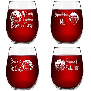 DU VINO Golden Girls Inspired Stemless Wine Glass Set of 4 (15 oz)- USA MADE-Funny Novelty Glasses for Party, Event, Girls Night-Gift For Mom, Women Best Friend- Fun Drinking for Bachelorette Parties