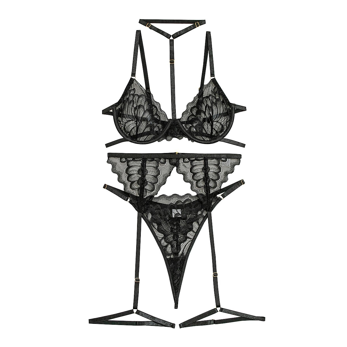 Lilosy Petite Sexy Choker Floral Lace Scallop Sheer Underwire Push Up Garter Belt Lingerie Set for Women See Through Bra and Panty 3 Piece Black X-Small