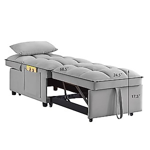 ACQCA 3 in 1 Convertible Sleeper Sofa Chair, Velvet Tufted Single Pull Out Couch Bed with Adjustable Backrest and Pillow