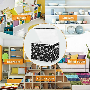 CaTaKu Skull Black Storage Bins with Lids,Halloween Fabric Large Storage Container Cube Basket with Handle Decorative Storage Boxes for Organizing Clothes Shelves