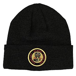 Cobra Kai Woven Embroidered Logo Patch Marled Acrylic Yarn Knitted Cuffed Beanie Hat for Men Black
