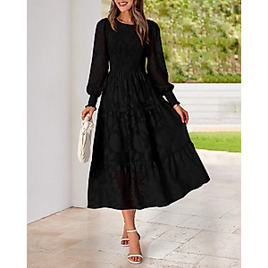 BTFBM Casual Women's 2025 Spring Dresses Elegant Wedding Guest Dress Long Sleeve Floral Midi Dress Flowy Bohemian Long Dress(Black,Small)