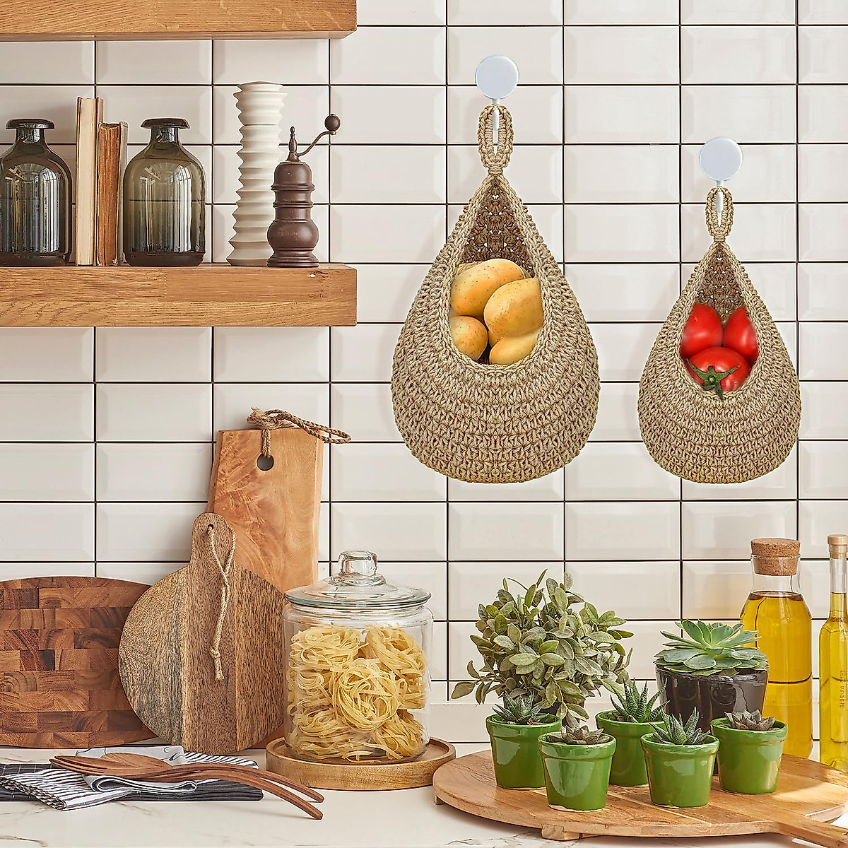 Hanging Fruit Basket for Kitchen, Boho Jute Hanging Baskets for Organizing, Hanging Wall Fruit Vegetable Baskets, Handwoven Decorative Hanging Kitchen Baskets for Potato, Onion Garlic