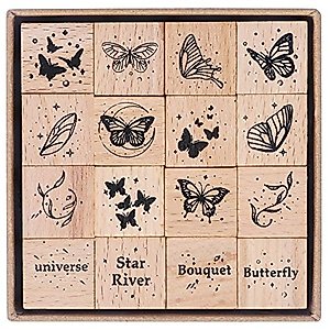 UCEC Wooden Rubber Stamps for Craft, 16 Pieces Butterfly Stamp Set Cute Stamps, Vintage Wood Stamps, Craft Stamps for Scrapbooking, Butterfly Craft Card Making Decoration, Butterfly Wings & Stars