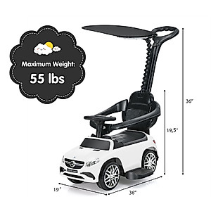 INFANS 3 in 1 Licensed Mercedes Benz Ride on Push Car, Kids Toy Stroller for Toddlers with Push Handle, Baby Foot-to-Floor Sliding Walker with Removable Canopy, Music, Horn, Under Seat Storage (White)