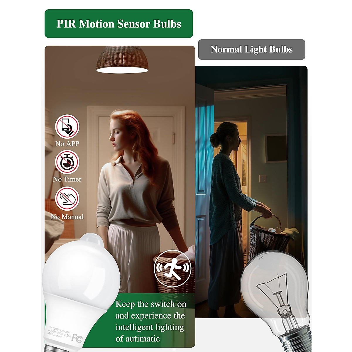 Motion Sensor Light Bulbs Outdoor, 9W (60 Watt Equivalent) 800LM, 4-Pack A19 Security LED Bulb 5000K Daylight White, E26 Motion Activated LED Bulb, for Front Door Porch Garage Basement Hallway