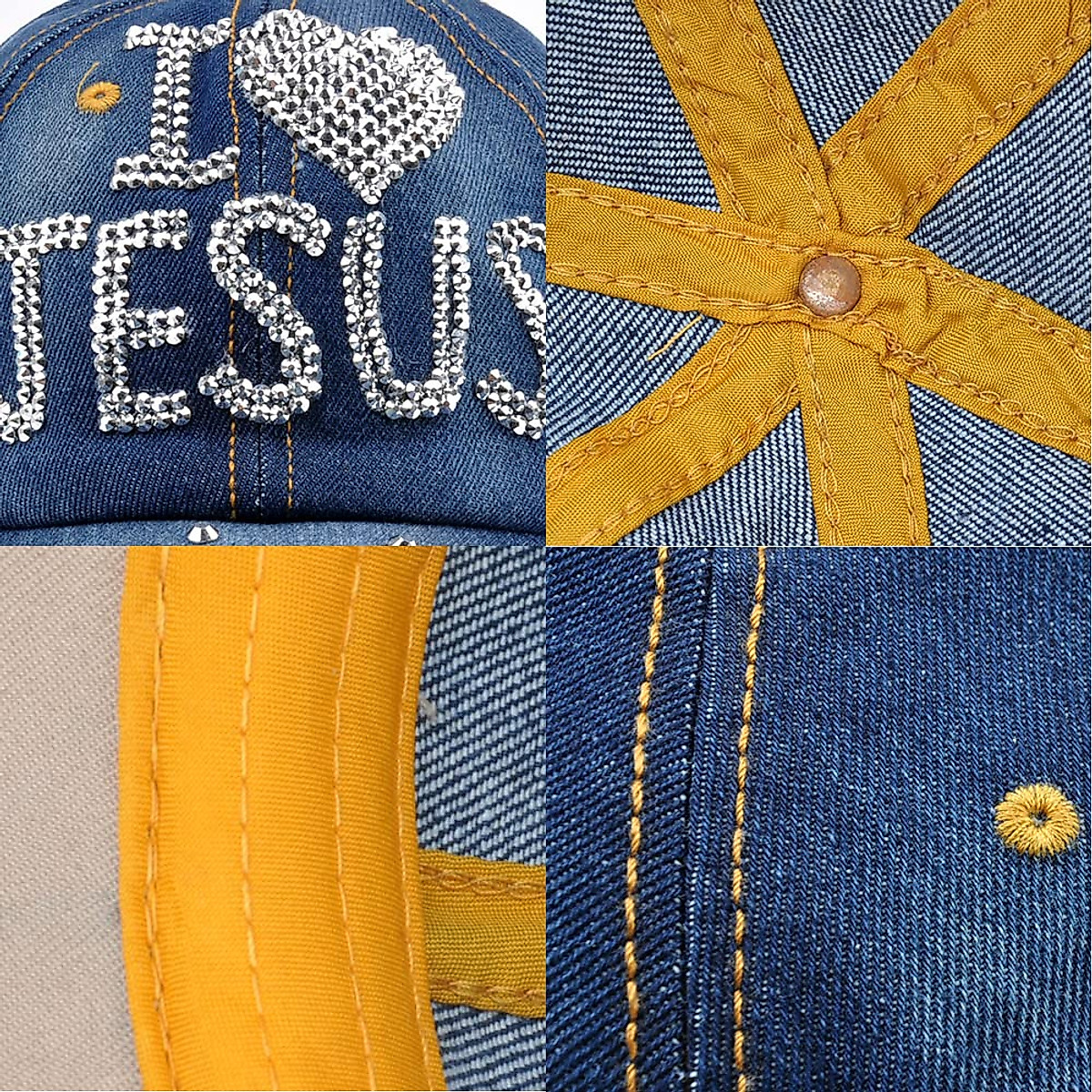 Elonmo Bling Rhinestone Hats,I Love Jesus Design Womens Baseball Cap Golf Hat Jeans Wash Denim Adjustable (Color A)