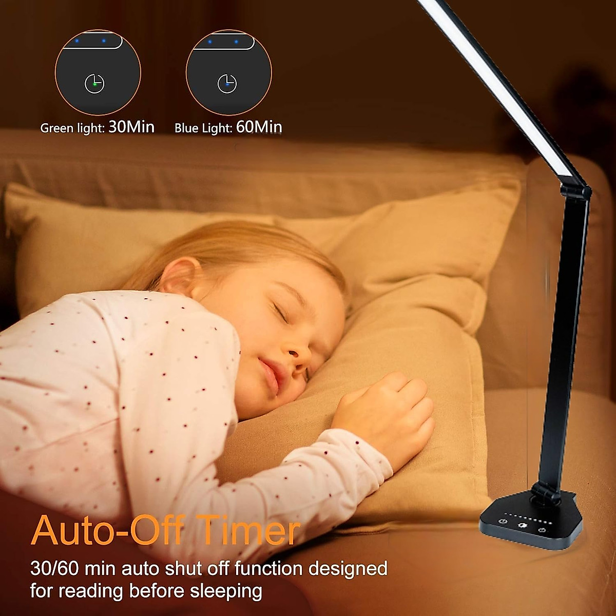 White crown LED Desk Lamp Dimmable Table Lamp Reading Lamp with USB Charging Port, 5 Lighting Modes, Sensitive Control, 30/60 Minutes Auto-Off Timer (Black)