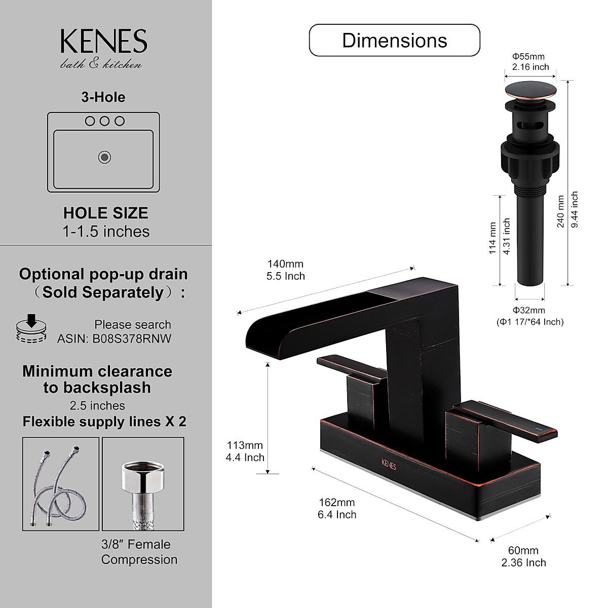 KENES Oil Rubbed Bronze Waterfall Bathroom Faucet, Two Handle Centerset Bathroom Sink Faucet, Vanity Faucet 3 Hole Bathroom Lavatory Faucet with Pop Up Drain & Supply Lines, KE-9053-8-P