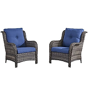 HUMMUH Outdoor Wicker Chairs PE Rattan Patio Dining Chairs Set of 2 High Back Curved Armrest Porch Chairs with 4 inch Seat Cushions (Grey Chairs with Blue Cushions, 35‘’D x 31''W x 35''H)