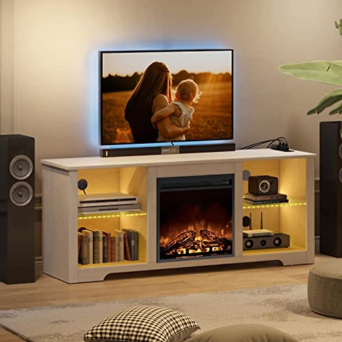 Rolanstar Fireplace TV Stand with LED Lights and Power Outlets, TV Console for 43" 50" 55" 60" 65", Entertainment Center with Adjustable Glass Shelves, White