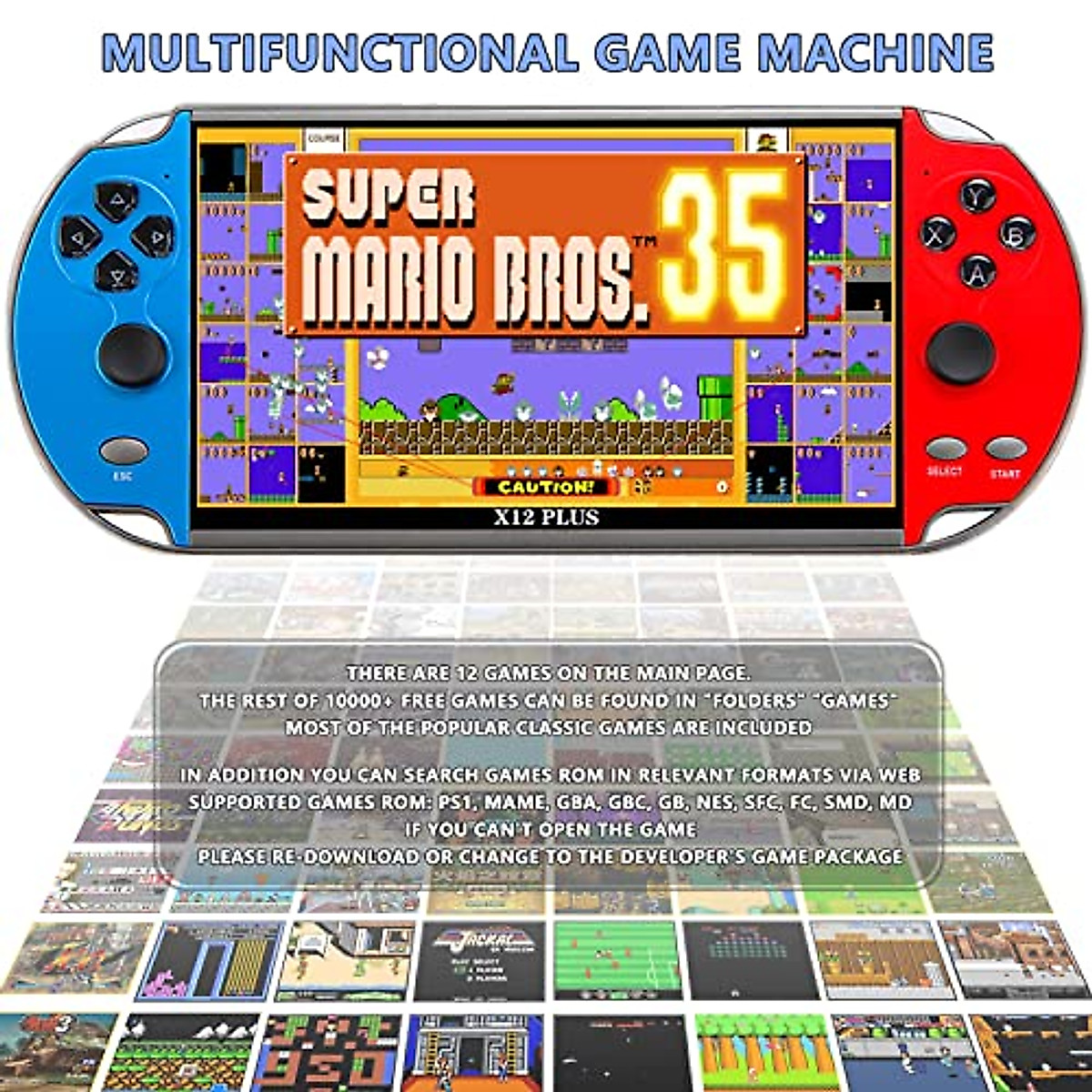 songlan-X12 Plus 7-inch HD Screen Handheld Portable MP5, 10000+ Free Games，Dual Joystick Nostalgic Arcade Video Game Machine 16GB ROM, Support GBC/GBA/NES/MD/SMC/SFC Games Children's Gifts