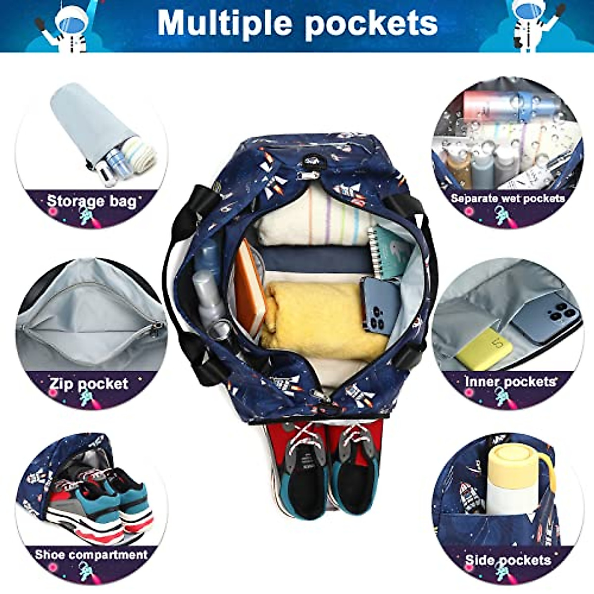 Sports Gym Bag for Kids Boys Overnight Carry On Tote Travel Duffle Weekender Sleepover Bag with Shoe Compartment