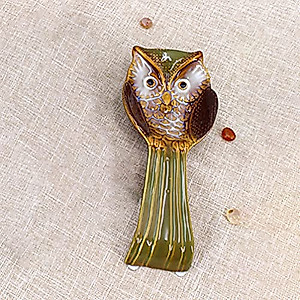 Luxshiny Owl Spoon Rest Ceramic Ladle Holder Spatula Spoon Holder Utensil Rester Stand for Stove Top Kitchen Counter Dining Table Coffee Station (Green)