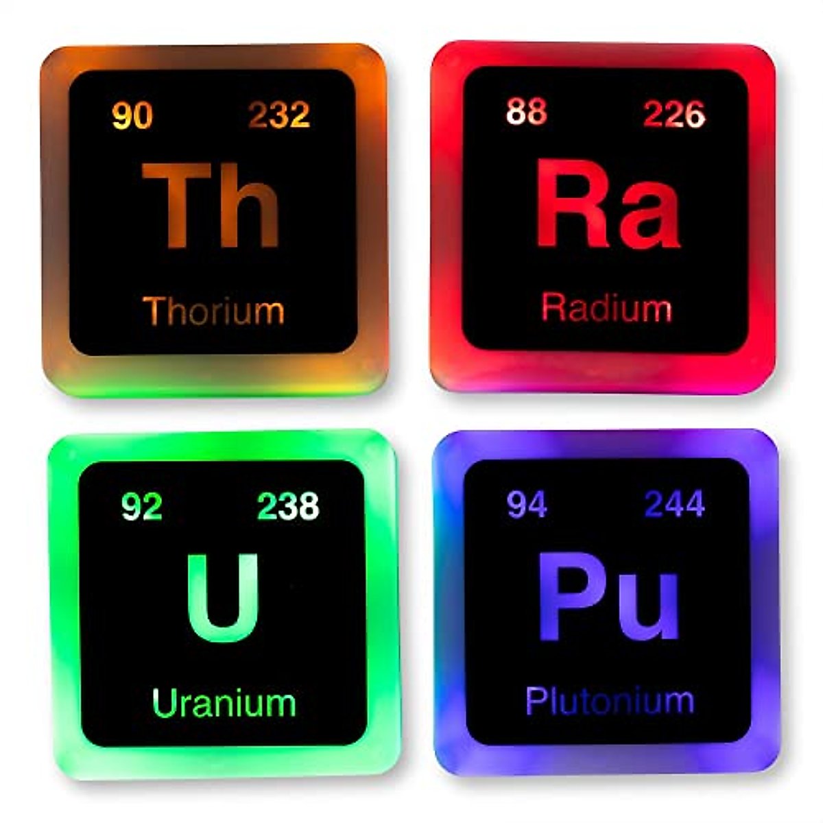 ThinkGeek Radioactive Elements Glowing Coaster Set - Radium, Plutonium, Uranium, and Thorium - Set of 4