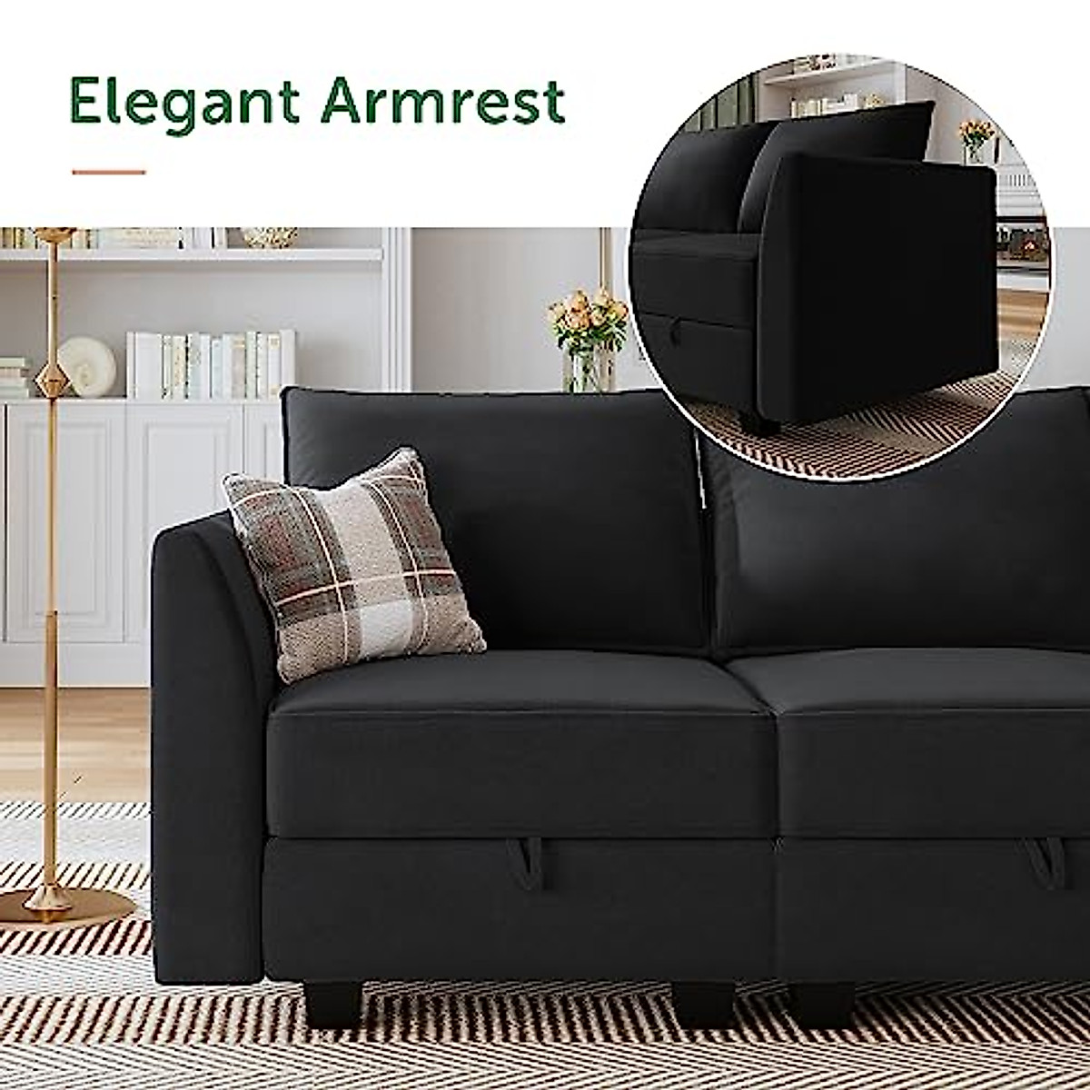 HONBAY Flexible Modular U Shaped Sofa, Black, Wood, 112.60 x 81.50 x 33.90 in