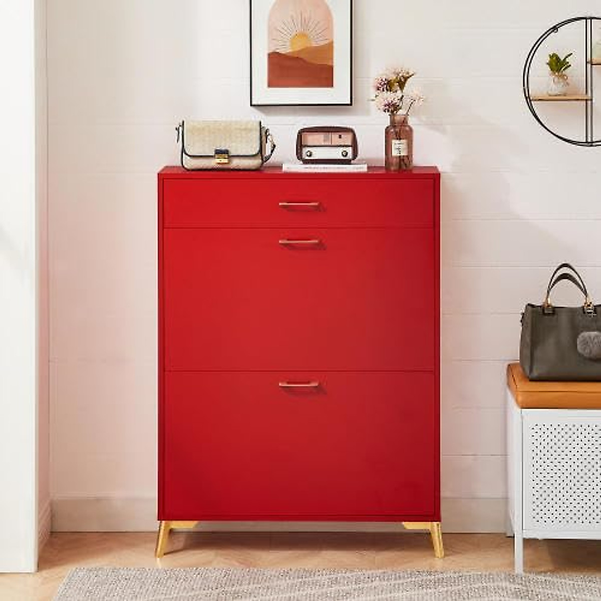 Wekity Shoe Cabinet, Space-Saving Shoe Storage Cabinet with 2 Flip Drawers (Red)