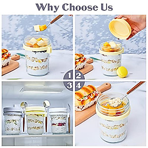 Set of 6 Overnight Oats Containers with Lids and Spoons 12 oz Overnight Oats Jars Glass Oatmeal Mason Jars Cereal Cup Airtight Jars with Measurement Marks for Yogurt Milk (Gray, White, Light Yellow)