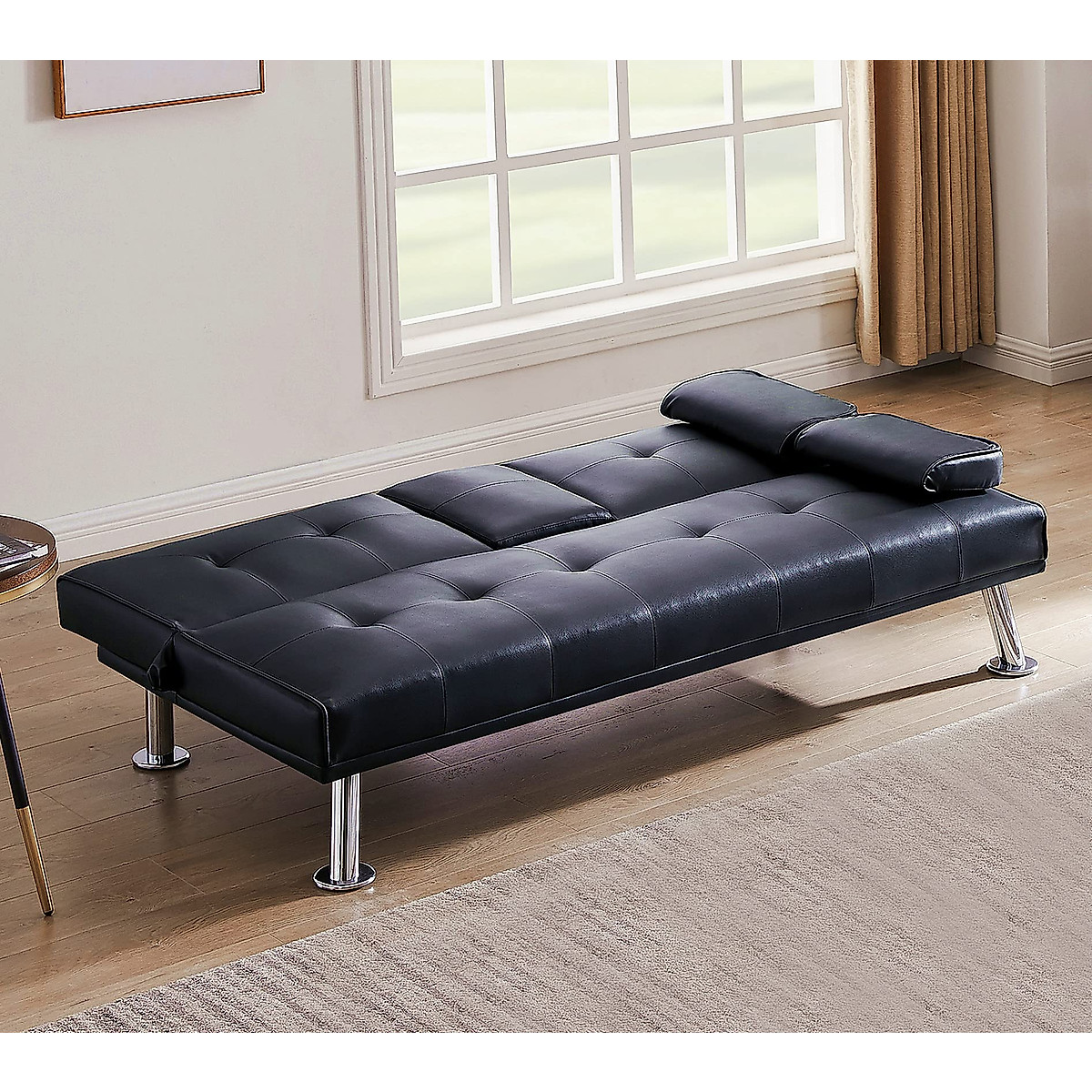 hansones Futon Sofa Bed Modern Linen Fabric Couch Bed Loveseat Convertible Daybed with 2 Cup Holders and Removable Armrests for for Compact Living Space Apartment Dorm Office (Black)