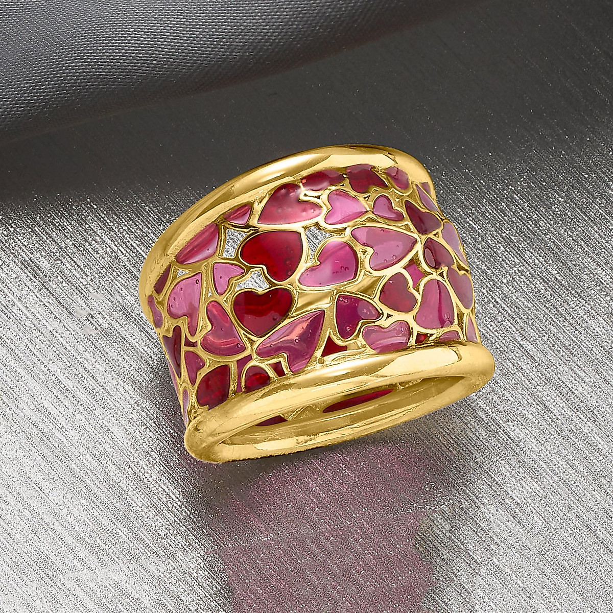 Ross-Simons Italian Red and Pink Enamel Heart Ring in 18kt Gold Over Sterling. Size 7