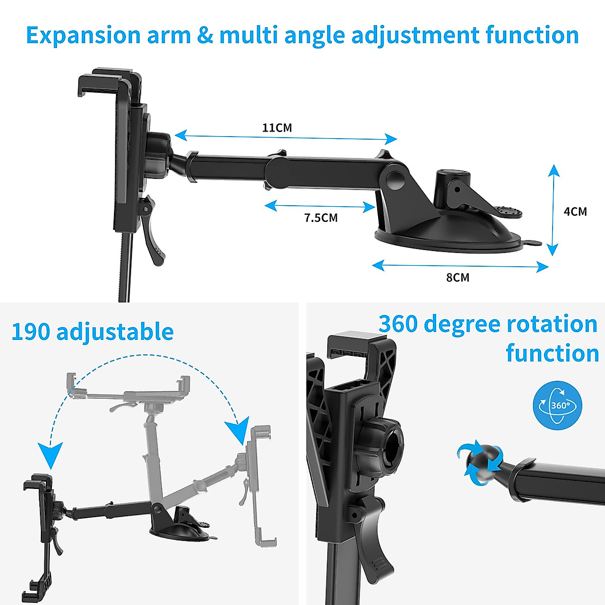 XWXELEC Car Tablet Mount Holder Dashboard & Windshield, 360° Rotatable Suction Cup Dash Stand for iPad Pro /9.7/11/10.5/Air/Mini 6 5 4, Samsung Galaxy Tab, 7"-10.5" Tablets