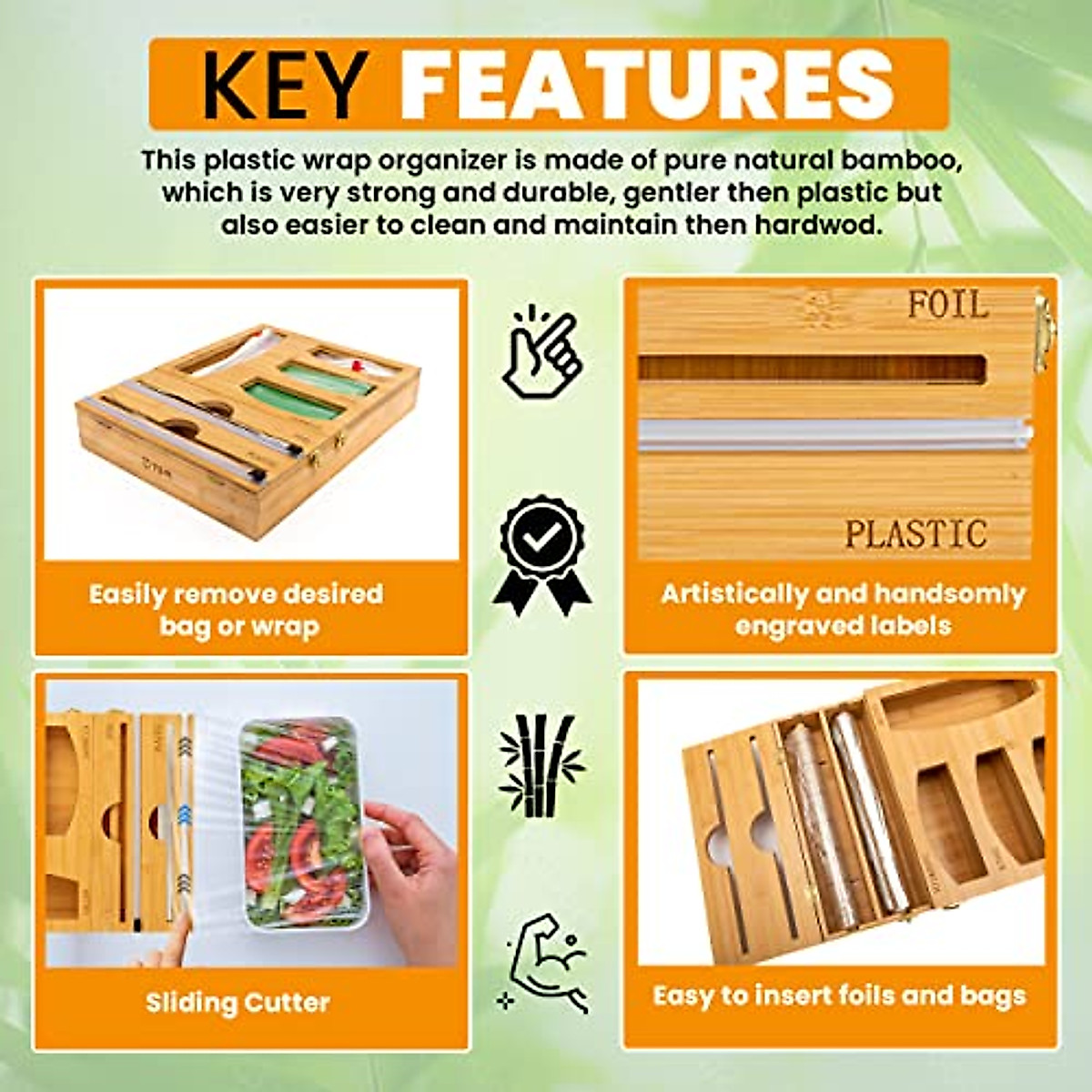 T3-R Foil and Plastic Wrap Organizer - 6-in-1 Bamboo Organizer Plastic Wrap Dispenser with Cutter for Kitchen Drawer - Best Use for Sandwich Bag, Aluminum Foil, Wax Paper and Plastic Wrap