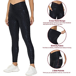THE GYM PEOPLE Women's V Cross Waist Workout Leggings Tummy Control Running Yoga Pants with Pockets(Black Leopard, Large)