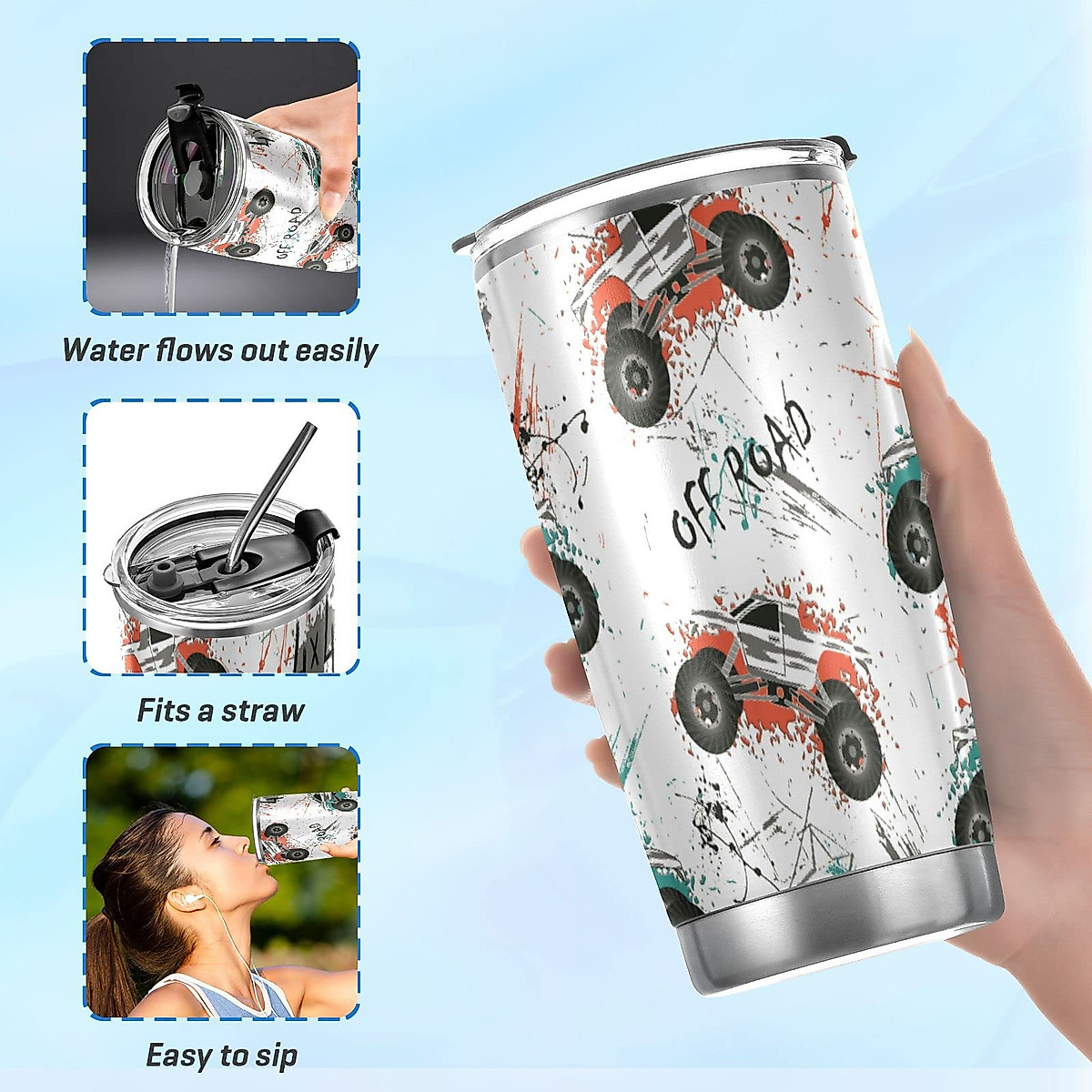 Yasala Tumbler Monster Truck Grunge Blue Red Insulated Coffee Cup Driver Beverage Container Office Travel Mug with Straw and Lid 20oz Back to School Holiday Gift