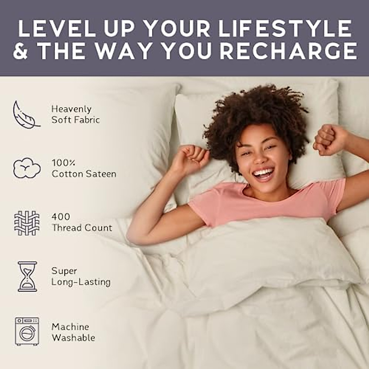 Lincove 100% Cotton Sateen 4 Piece Bed Sheet Set – 400 Thread Count, Ultra Soft Luxury Sheets with 15” Deep Pockets - Includes 1 Fitted Sheet, 1 Flat Sheet, 2 Pillowcases (Queen, Ivory)