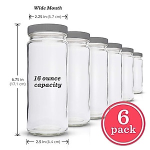 All About Juicing Clear Glass Water Bottles Set - 6 Pack Wide Mouth with Lids for Juice, Smoothies, Beverage Storage - 16 oz, Durable, Reusable, Dishwasher Safe, Leak Proof (Grey Caps)
