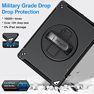 SUPFIVES Case iPad Pro 12.9 2015/2017: iPad 12.9 Inch 1st/ 2nd Generation Case Upgraded Military Grade Shockproof Silicone Protector with Pencil Holder+ Handle+ Shoulder Strap+ Rotating stand, Black