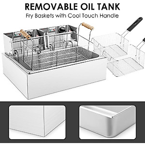 TANGME Commercial Deep Fryer, 3400w Electric Turkey Fryer with 3-Baskets, 22L/23.25Qt 1mm Thickened Stainless Steel Countertop Single Oil Fryer with Temperature Limiter for Restaurant