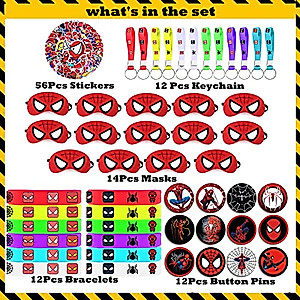 Spiderman Birthday Party Supplies,106Pcs Party Favors,Include 12 Button Pins,12Pcs Key Chain,12Pcs Hand Bracelet,14 Spider Masks,56 Stickers,Best For Spiderman Themed Party