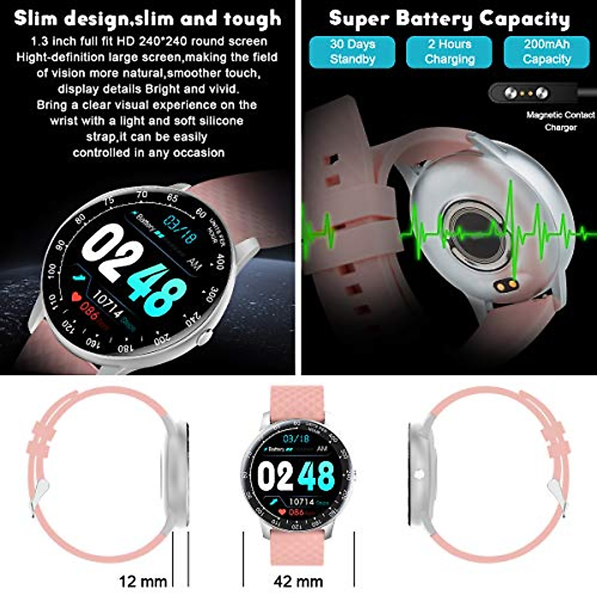 Peakfun Smart Watch with Heart Rate Blood Pressure Monitor IP67 Waterproof Bluetooth Smartwatch Smart Sports Activity Tracker Watch for Men Women Kids Android iOS Phones Pink
