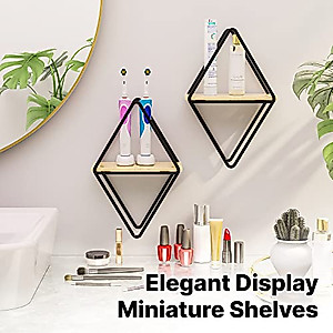 BENOLDY, Prism Mini - Luxury Varnished Pine Wood Floating Shelf - Black Metal Frame Mini Wall Decor Shelves for Bathroom, Living Room, Bedroom and Kitchen