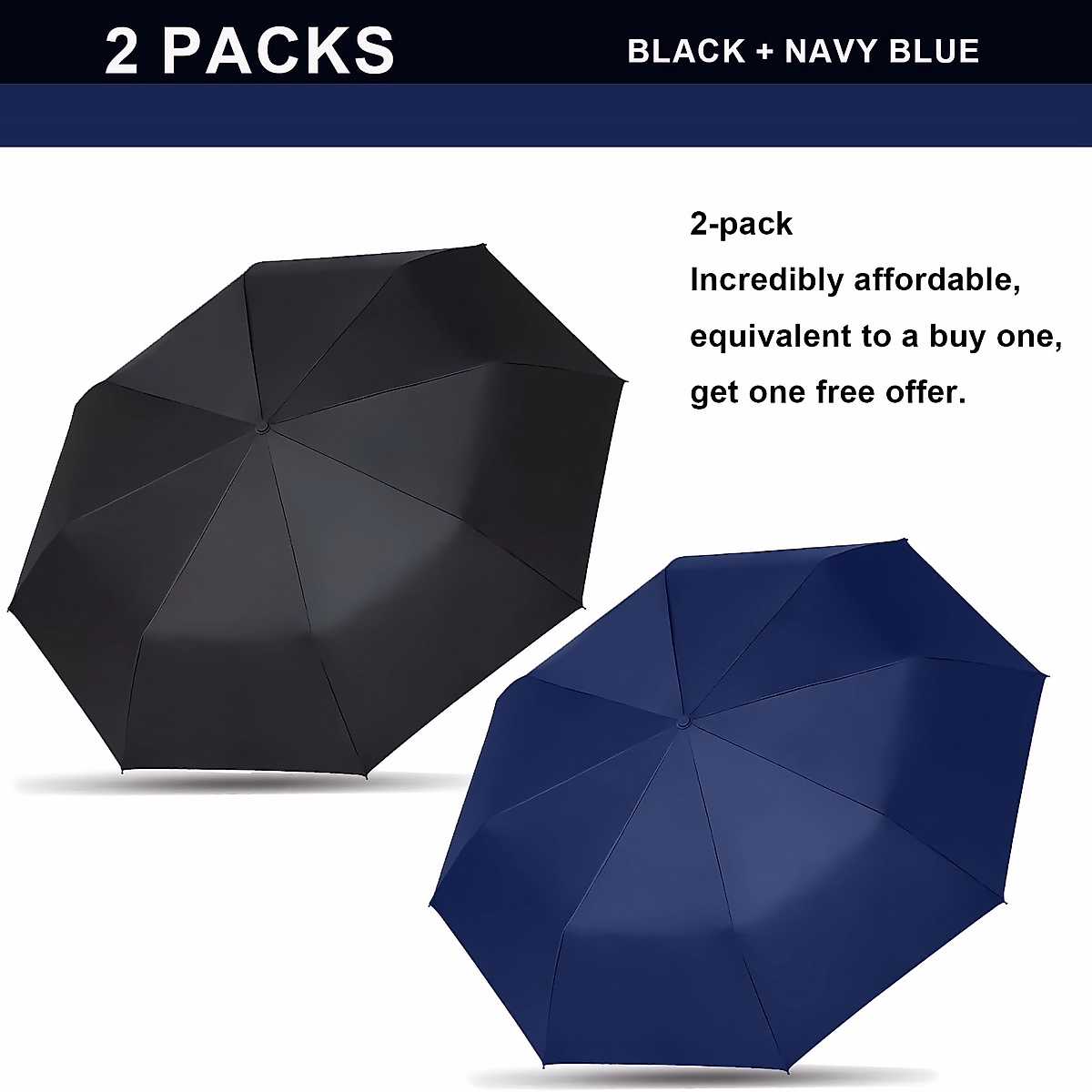 SIEPASA Two PackThe Original Portable Travel Umbrella - Umbrellas for Rain Windproof, Strong Compact Umbrella for Wind and Rain, Perfect Car Umbrella, Golf Umbrella, Backpack, and On-the-Go.(Black & Navy Blue, 2 Pack)