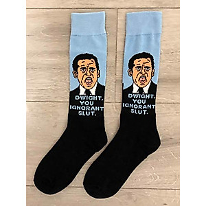 Balanced Co. Dwight You Ignorant S. Dress Socks Michael Scott Socks Funny Socks Crazy Socks Casual Socks (Black/Light Blue)