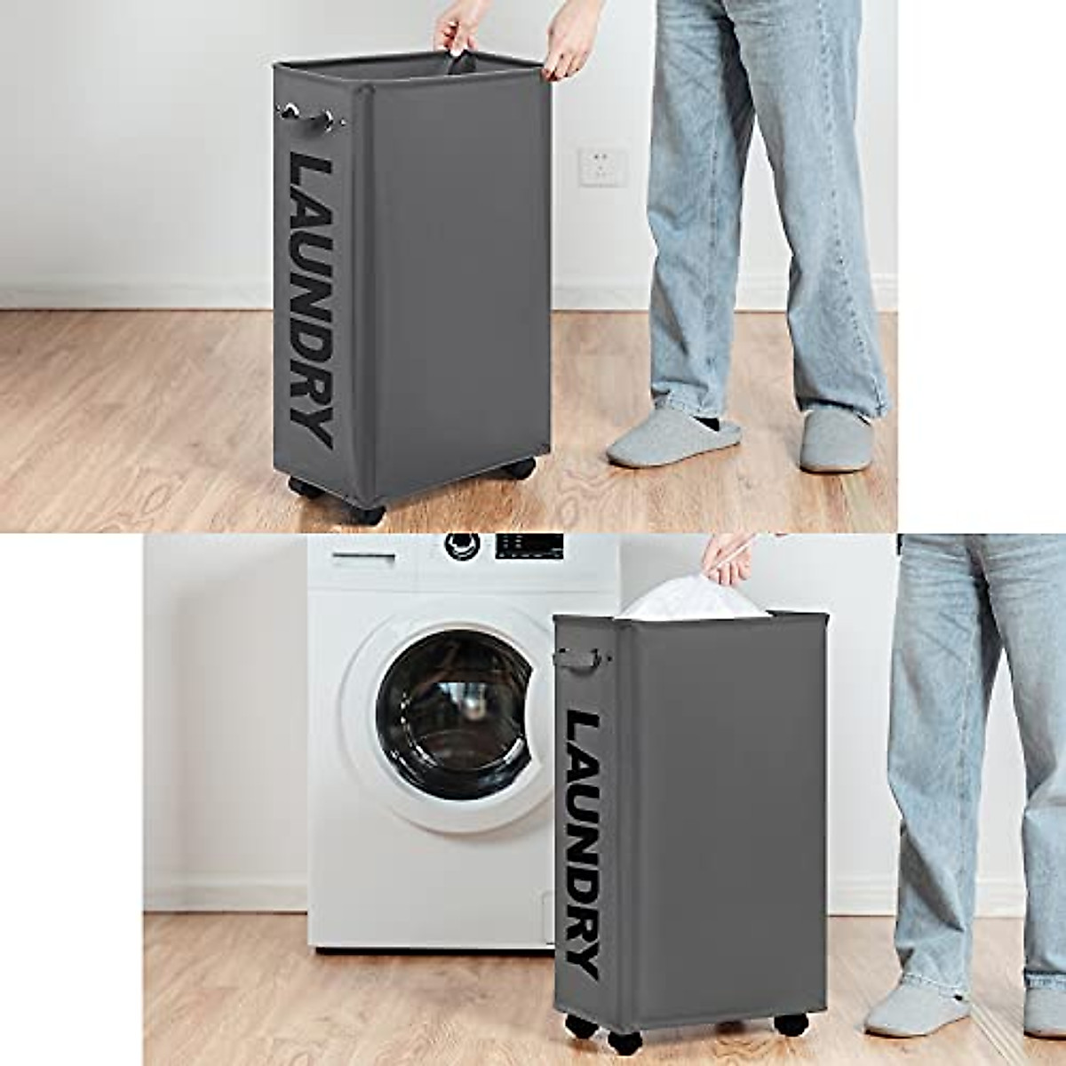 Lifesela X-Large Rolling Laundry Hamper, 27" Tall Slim Laundry Basket with Mesh Liner, Collapsible Dirty Clothes Hamper with Handle, Corner Laundry Bin Laundry Cart with Wheels (Grey)