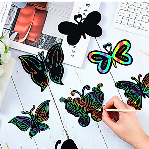 Sratte 48 Pcs Butterfly Scratch Cards for Kids Rainbow Spring Scratch Crafts 12 Styles Scratch Off Butterfly Party Favors for DIY Crafts Home Decoration Art Project Games, Bamboo Stylus Included