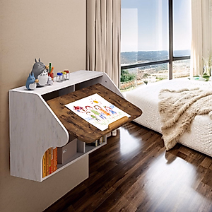 Pmnianhua Floating Desk with Adjustable Drawing Tabletop,Wall Mounted Desk with Angles Adjustable Drafting Table,Multifunctional Workstation for Bedroom Dormitory Small Space(Rustic Brown)
