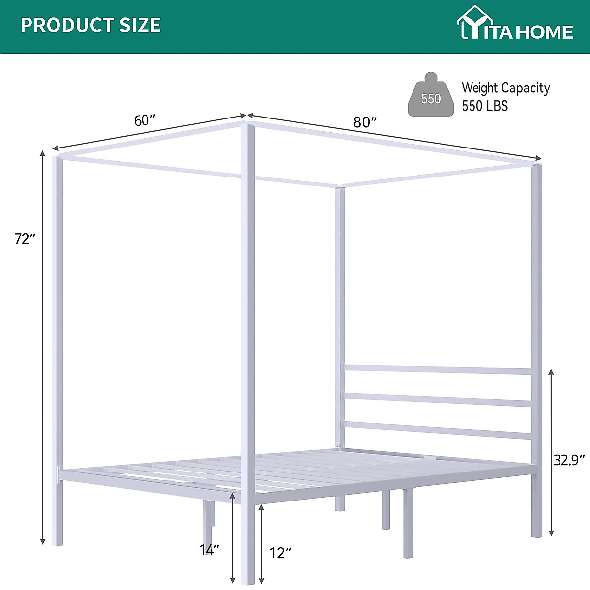 YITAHOME Canopy Bed Frame Metal Four Posters 14 Inch Platform with Built-in Headboard Strong Metal Slat Mattress Support, No Box Spring Needed, White, Queen Size