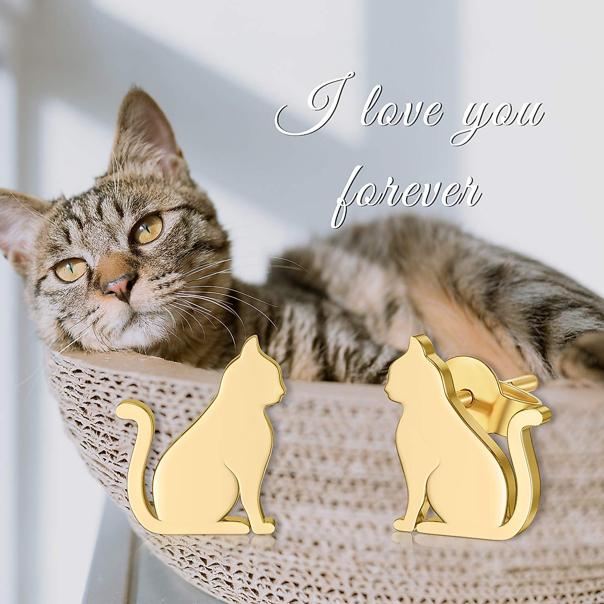 Solid 14k Gold Cat Earrings, Real 14 Carat Gold Stud Earrings for Women Teens, Animal Jewelry Gifts for Her