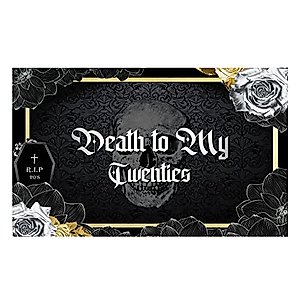 Funnytree Death to My Twenties Theme Backdrop for Thirties Birthday RIP to My 20s Youth Gothic Skull Coffin Black Party Background Decorations Banner Cake Table Photography Studio Props