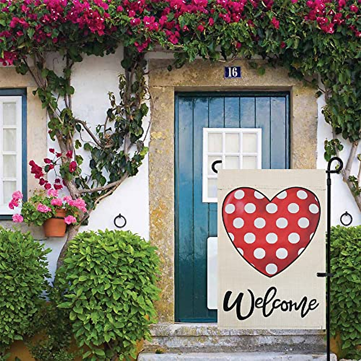 Valentines Day Garden Flag, ESTTOP 12×18 Inch Double Sided Vertical Welcome Potka Dot Heart Yard Flag, Farmhouse Rustic Valentines Day Decor for Outdoor