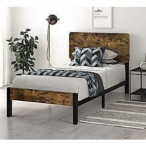 SHA CERLIN Twin Size Metal Platform Bed Frame with Wooden Headboard and Footboard/Rustic Mattress Foundation/No Box Spring Needed/Non-Slip Without Noise/Black&Brown