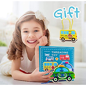 Promise Babe 5 Pack Lacing Cards Wooden Cars Block Puzzle Threading Toys Montessori Toy Sewing Cards for Toddler Educational Preschool Toys…