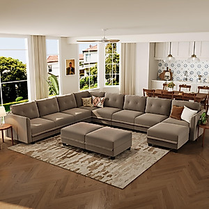 LLappuil Modular Sectional Sofa with Storage Oversized U Shaped Couch with Reversible Chaise Velvet Waterproof Anti-Scratch Sofas for Living Room 9 Seats with 2 Ottomans Grey Brown