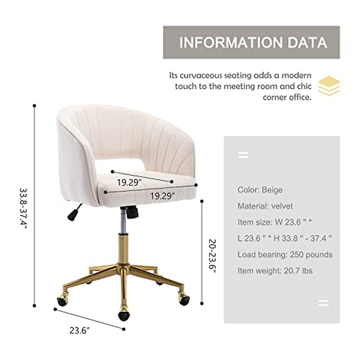 Qtivii Velvet Home Office Chair, Modern Office Chair with Gold Base, Home Office Desk Chair for Living Room, Bedroom, Vanity, Study (Beige)