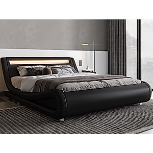 Allewie King Size LED Platform Bed Frame with Adjustable Headboard/No Box Spring Need/Easy Assembly/Faux Leather in Black